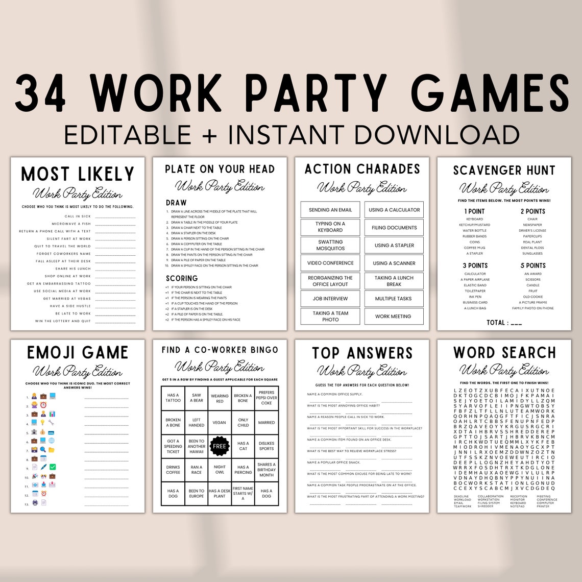 Editable Work Party Games Bundle: 34 Printable Team Activities (canva ...