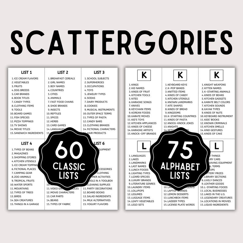 Scattergories Game, Scattergories Score Sheets, Game for Seniors ...