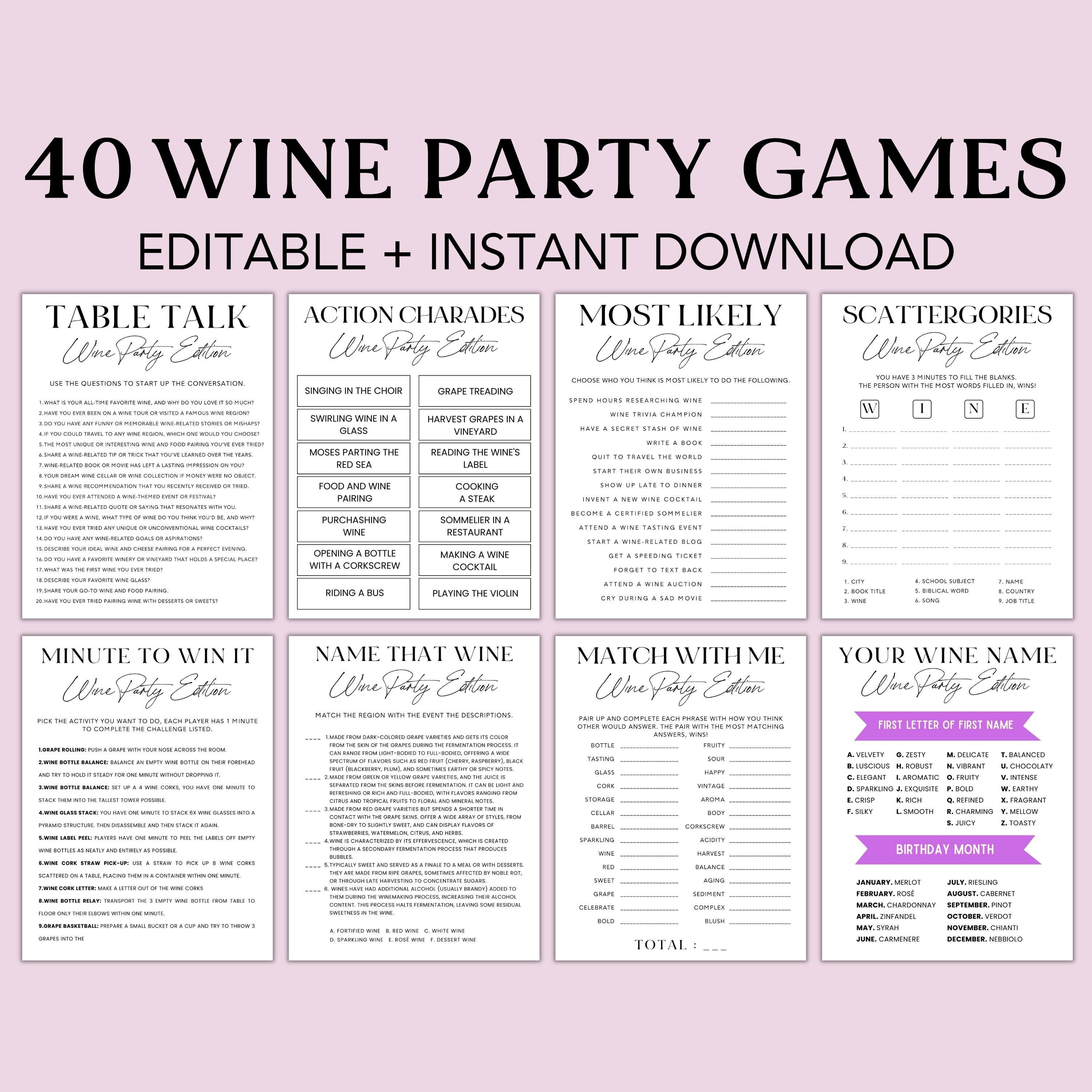 Wine Party Games Bundle: 40 Printable Games, Canva Template - Etsy