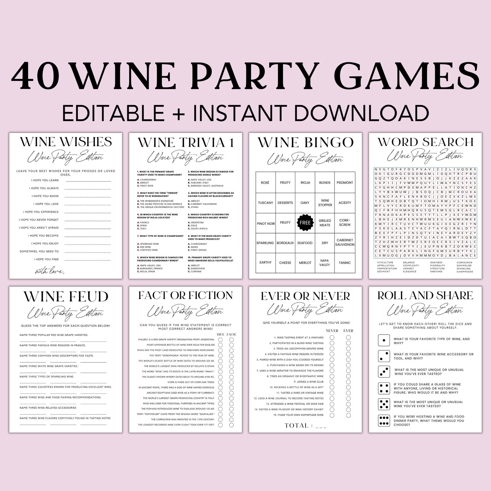 Wine Party Games Bundle: 40 Printable Games, Canva Template - Etsy