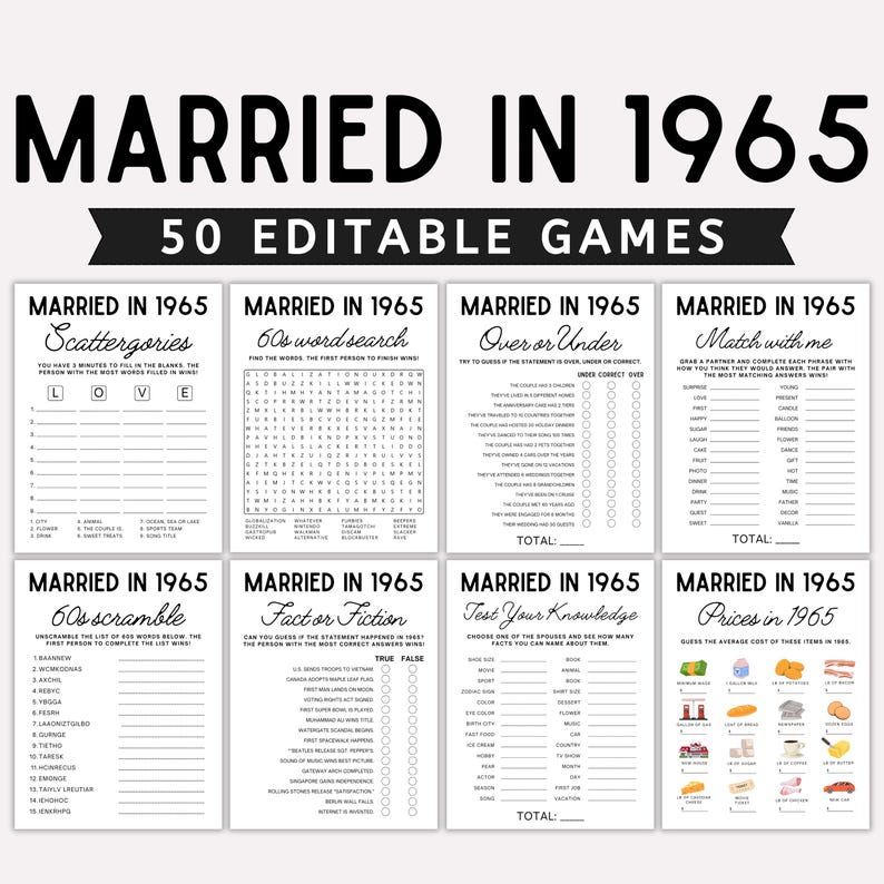 60th Anniversary Games Bundle, Married in 1965 Games, 60th Wedding ...