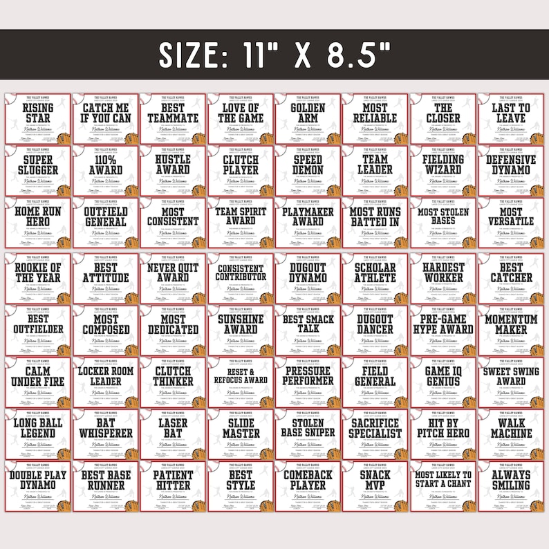 175 Editable Baseball Award Certificates, Baseball Team Awards, End of ...