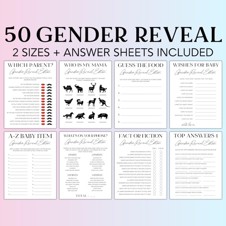 Gender Reveal Games Bundle: 50 Party Games, Old Wives Tales (canva ...
