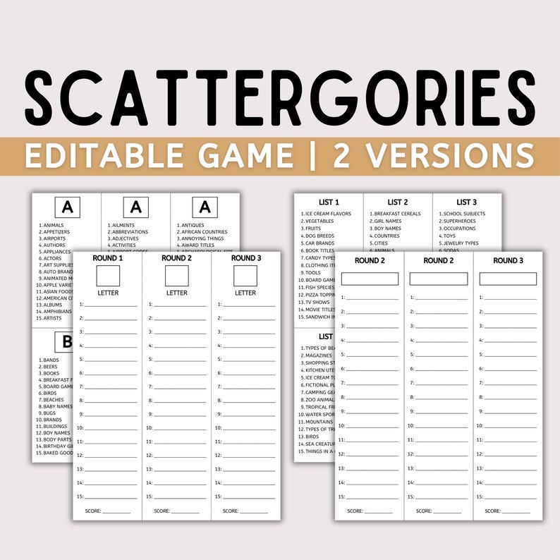 Scattergories Game, Scattergories Score Sheets, Game for Seniors ...