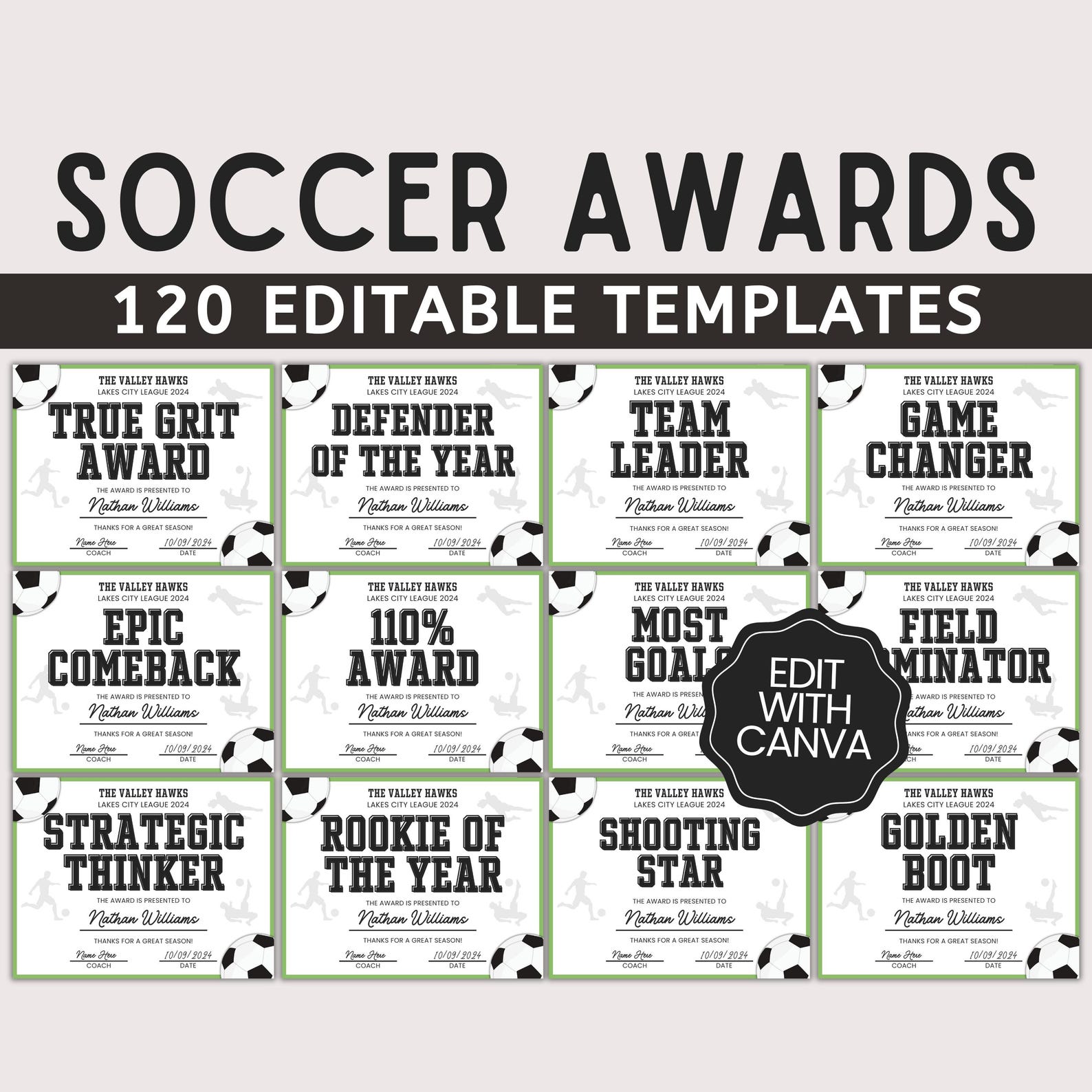 120 Editable Soccer Award Certificates, Soccer Team Awards, End of ...