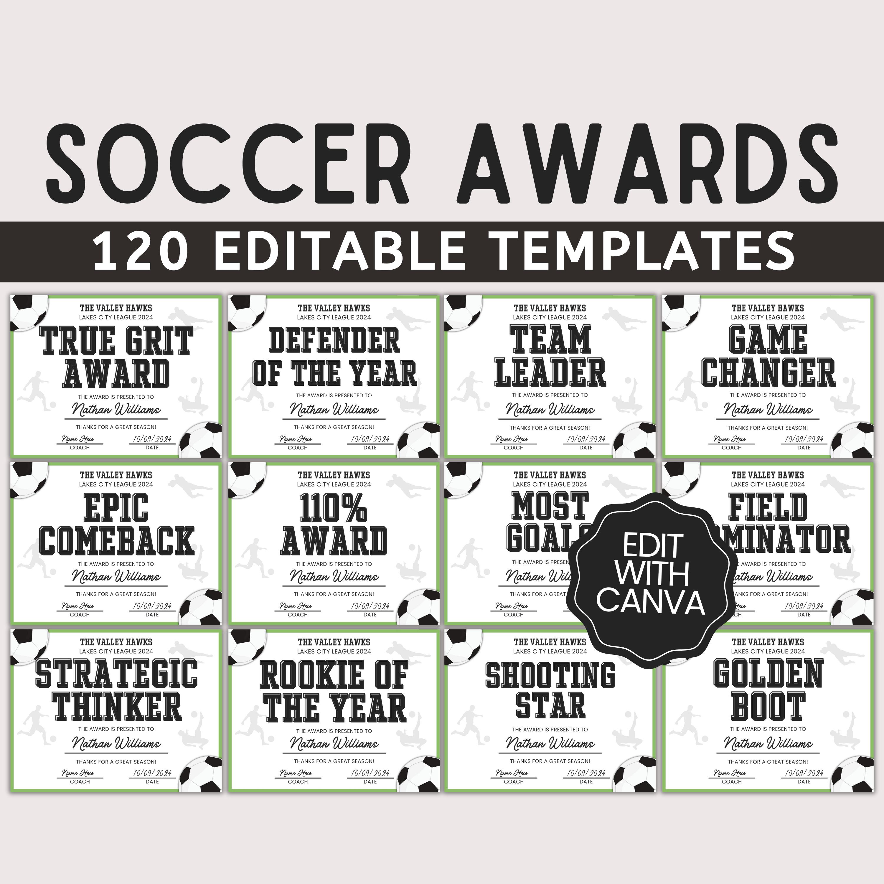 120 Editable Soccer Award Certificates, Soccer Team Awards, End of ...