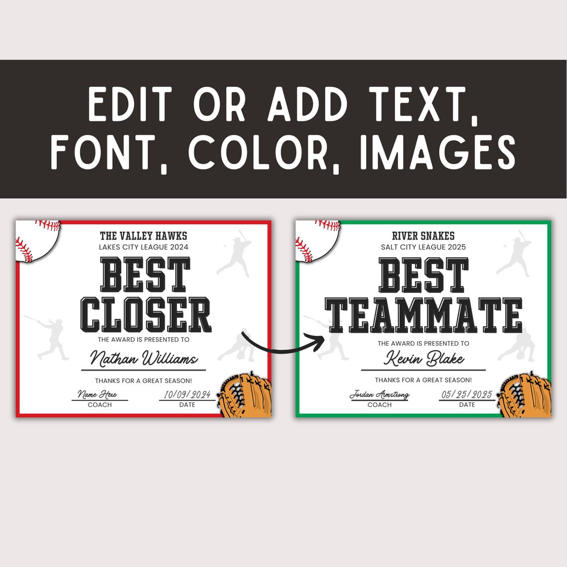 175 Editable Baseball Award Certificates, Baseball Team Awards, End of ...