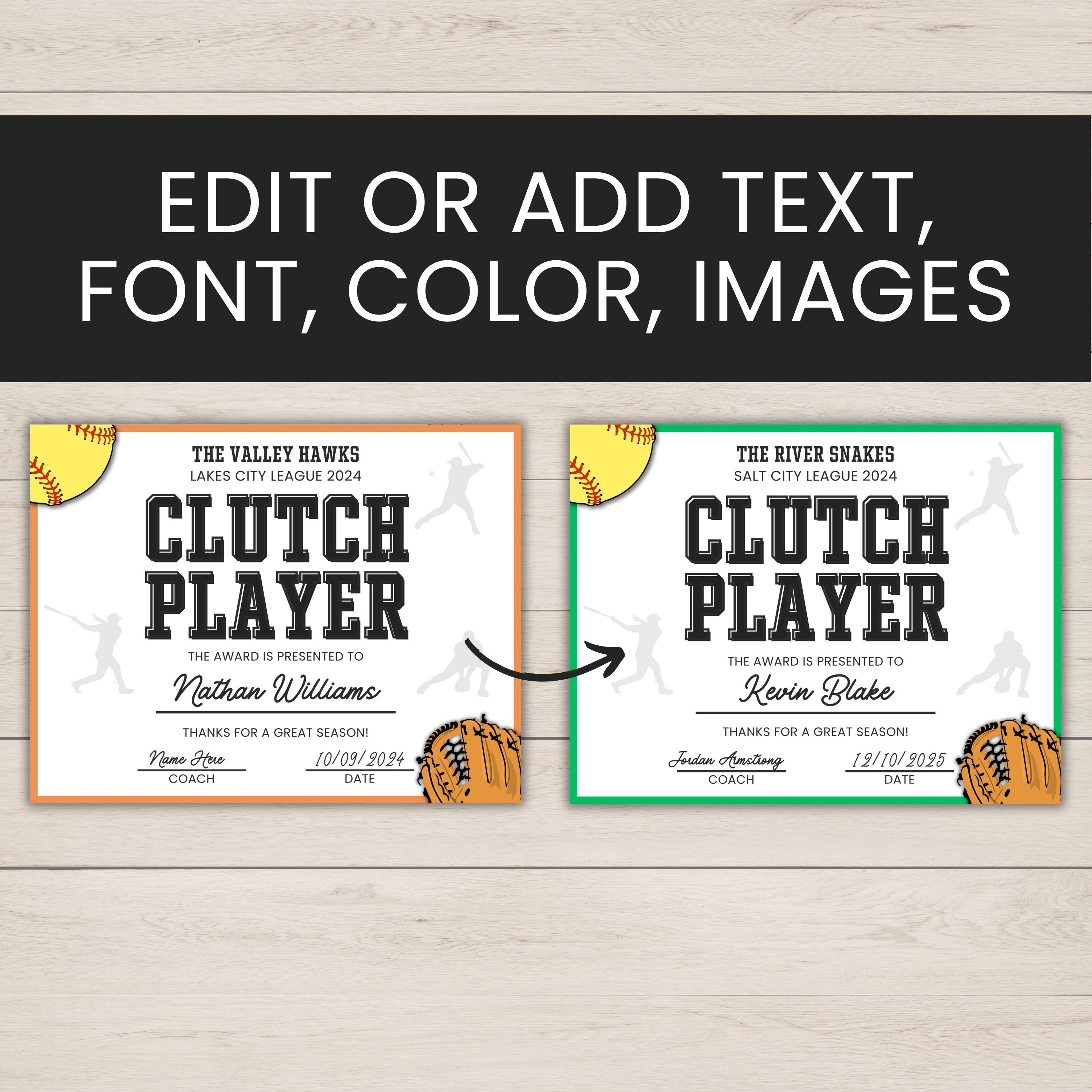 Editable Softball Award Certificates, Softball Team Awards, End of ...