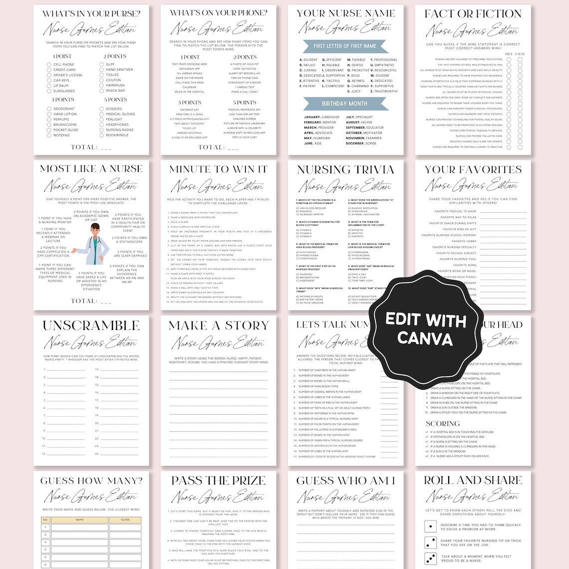 Editable Nurse Party Games Bundle, Nurse Week, Nurse Student, Nurse ...