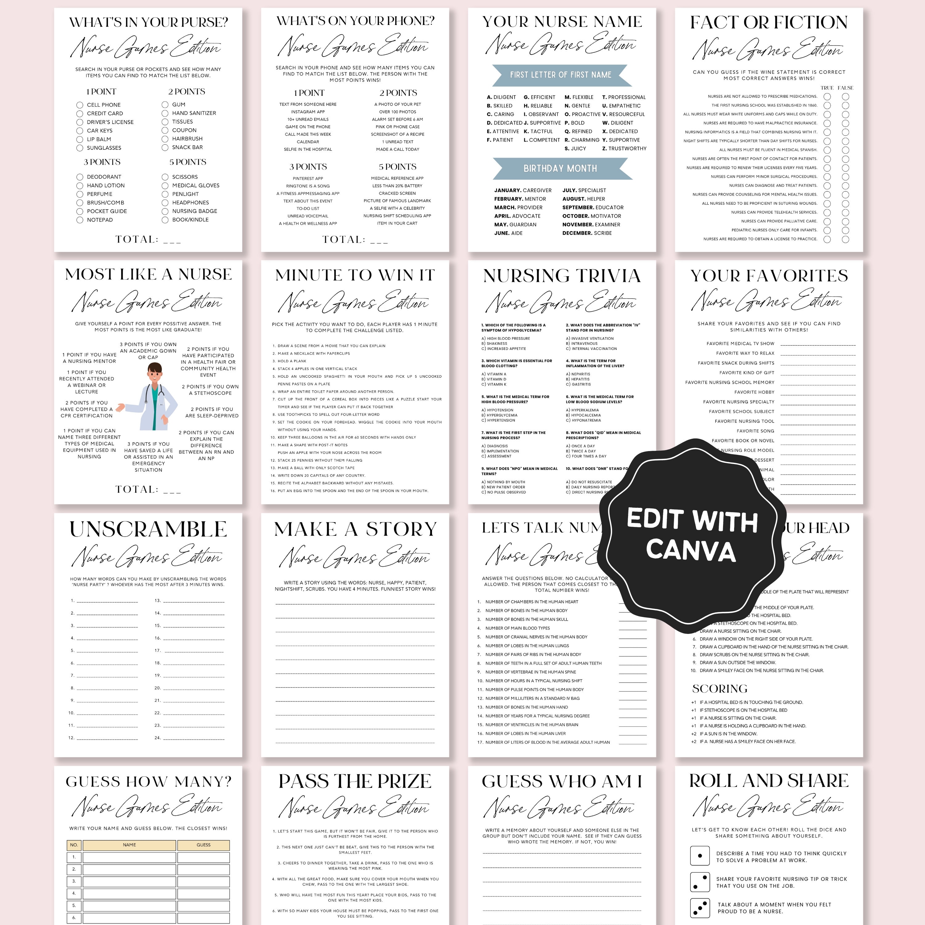 Editable Nurse Party Games Bundle, Nurse Week, Nurse Student, Nurse ...