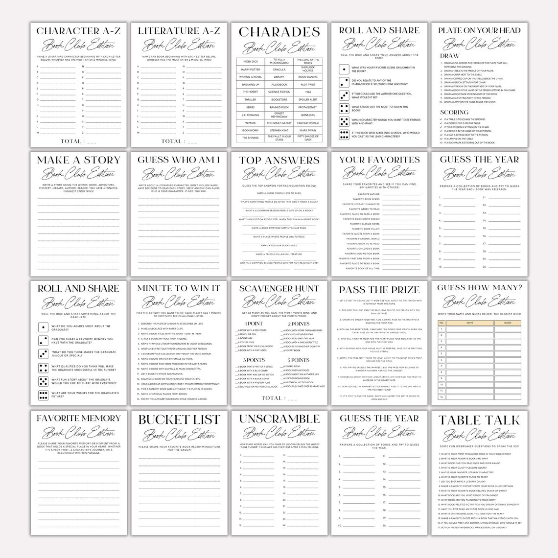 Book Club Games, Book Club Icebreakers, Book Club Activity, Printable ...