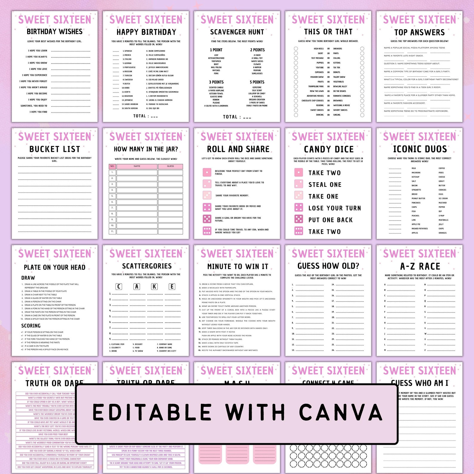 Editable Sweet Sixteen Birthday, 16th Birthday Games, 16th Birthday ...