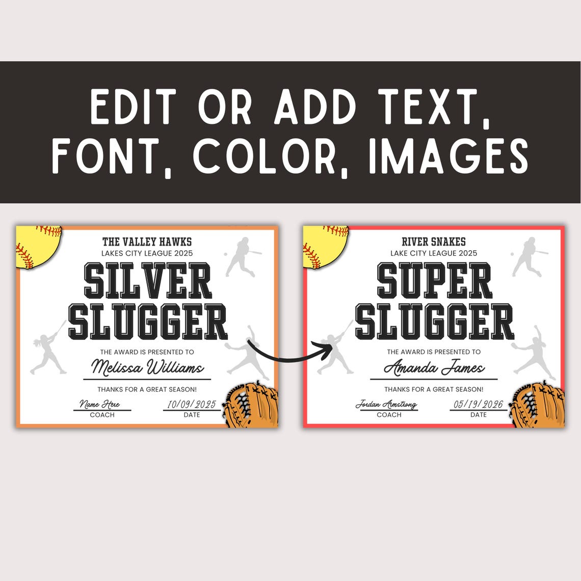 175 Editable Softball Award Certificates, Softball Team Awards, End of ...