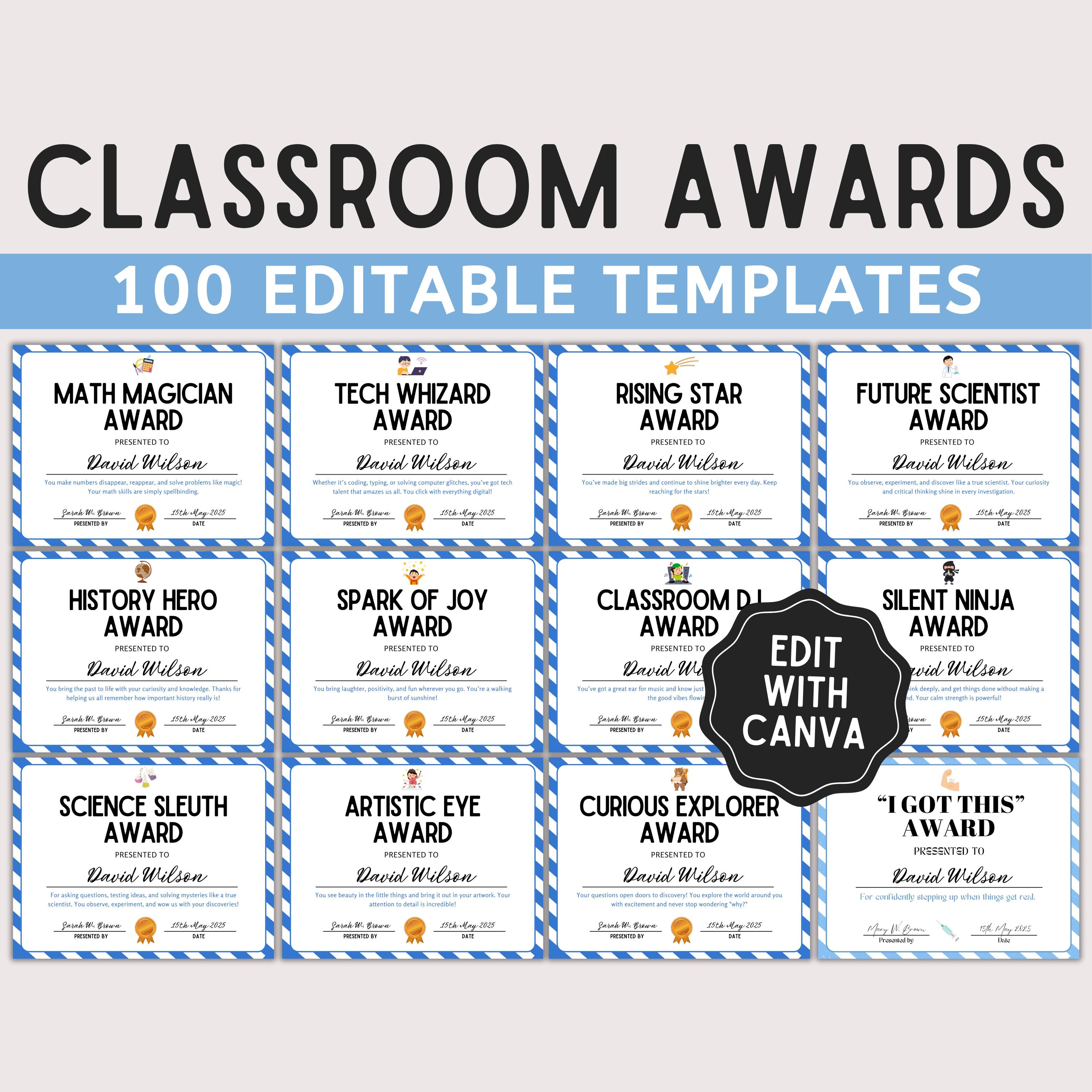 Editable Classroom Award Certificates: 100+ Student Templates (CANVA ...