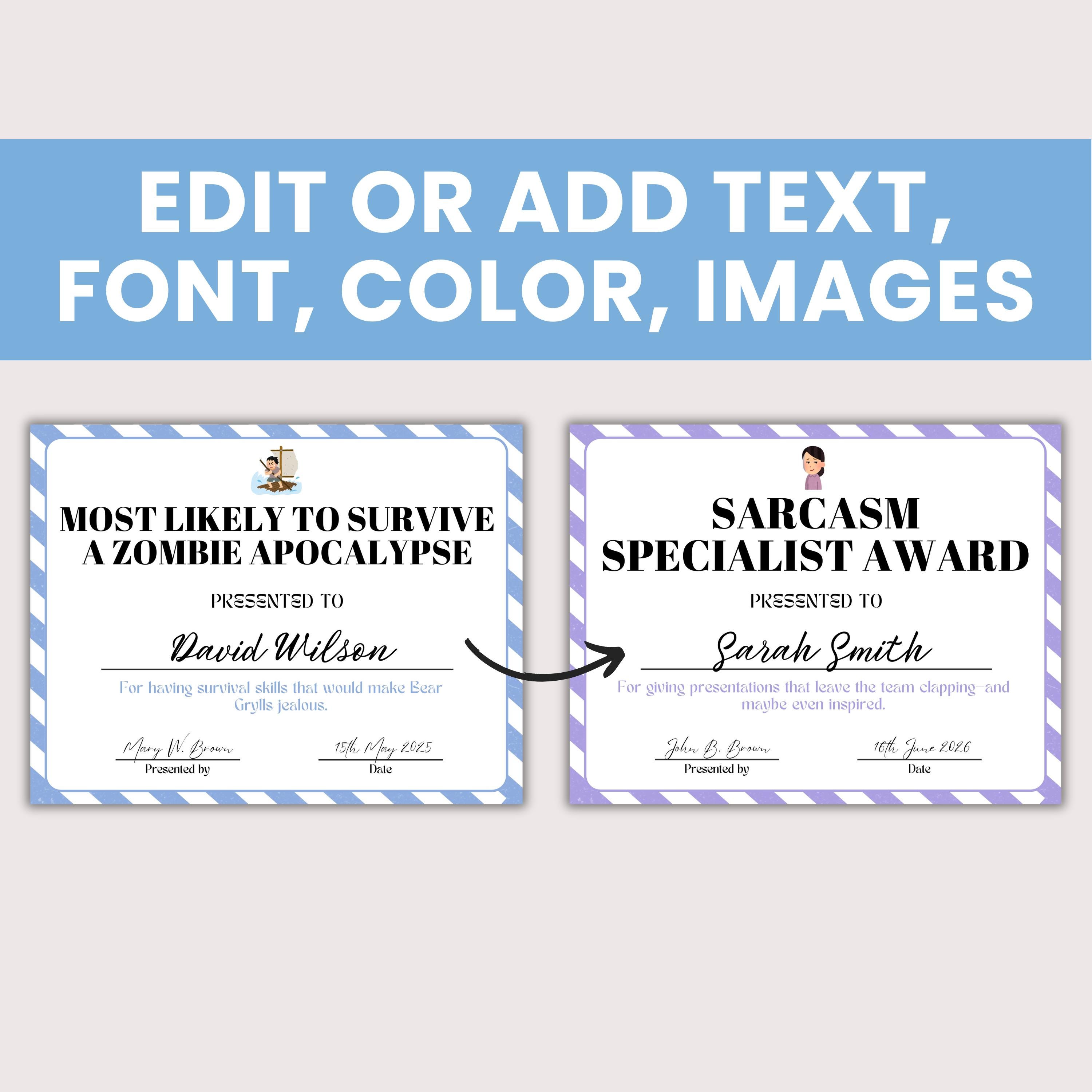Editable Office Award Certificates: Funny Employee Awards (canva ...