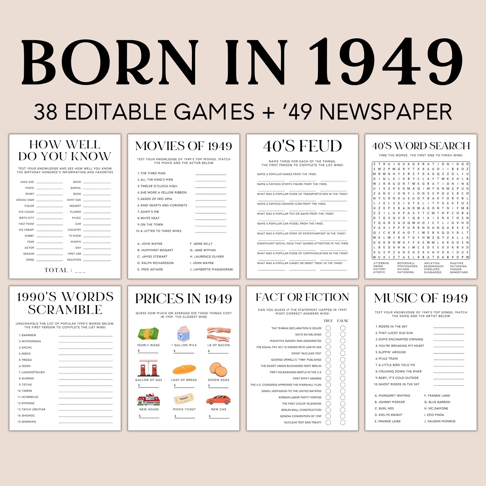 75th Birthday Games Bundle, 1949 Birthday Games, 75th Birthday Party ...