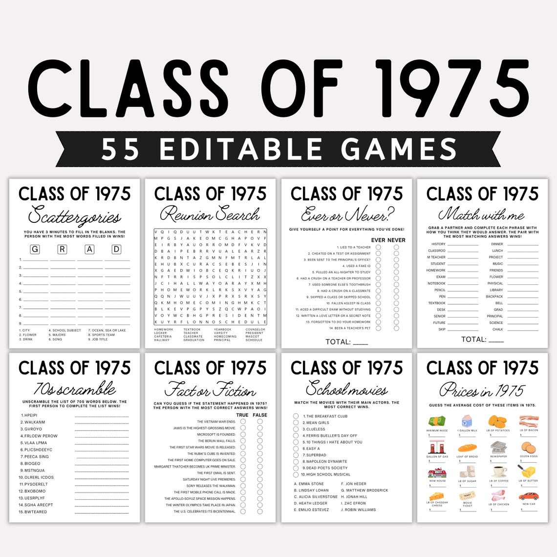 Class of 1975 Bundle, 50th Class Reunion Printable, Class Reunion Games ...