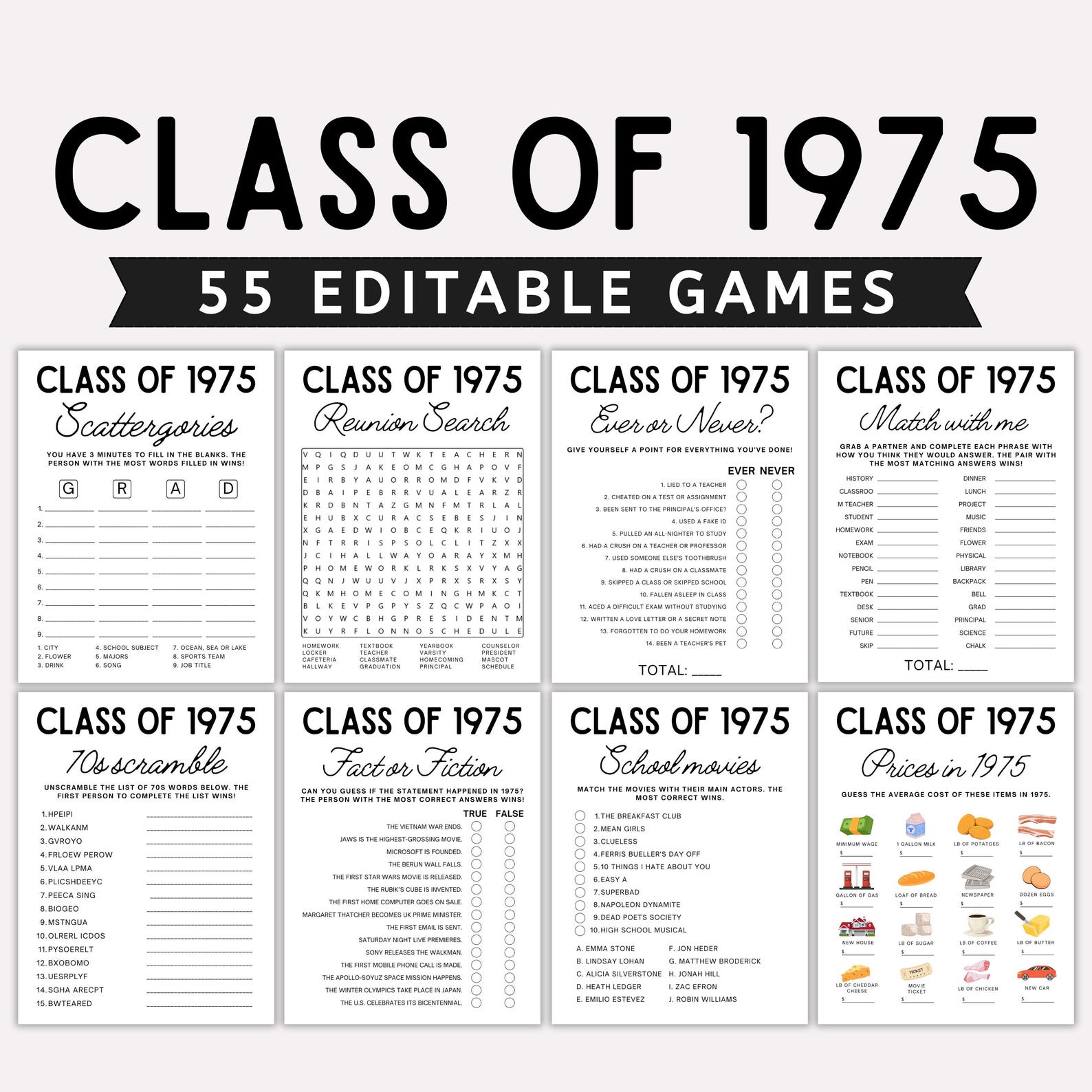 Class of 1975 Bundle, 50th Class Reunion Printable, Class Reunion Games ...