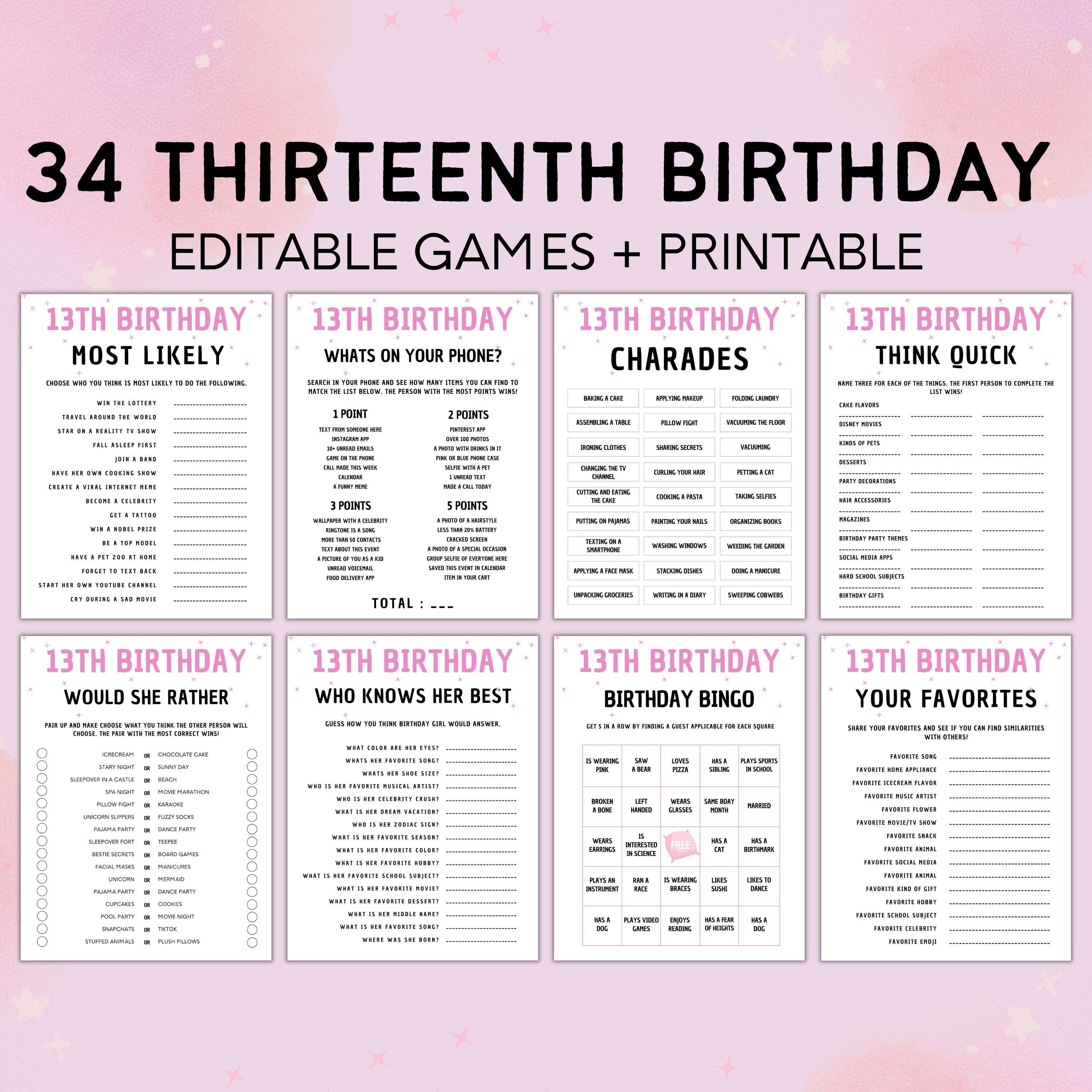 Editable 13th Birthday Games, 13th Birthday Bundle, Teen Girl Party ...