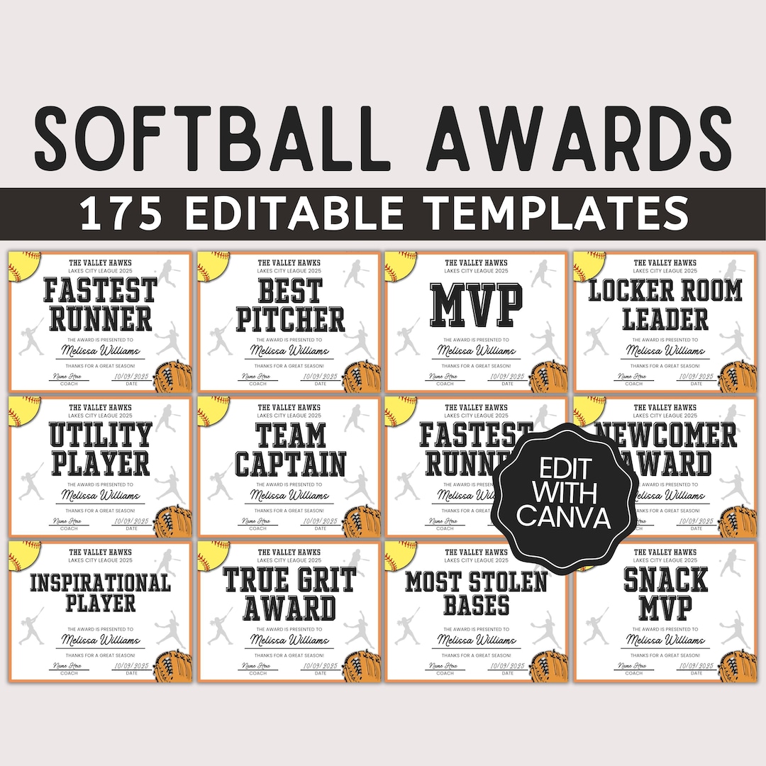 175 Editable Softball Award Certificates, Softball Team Awards, End of ...