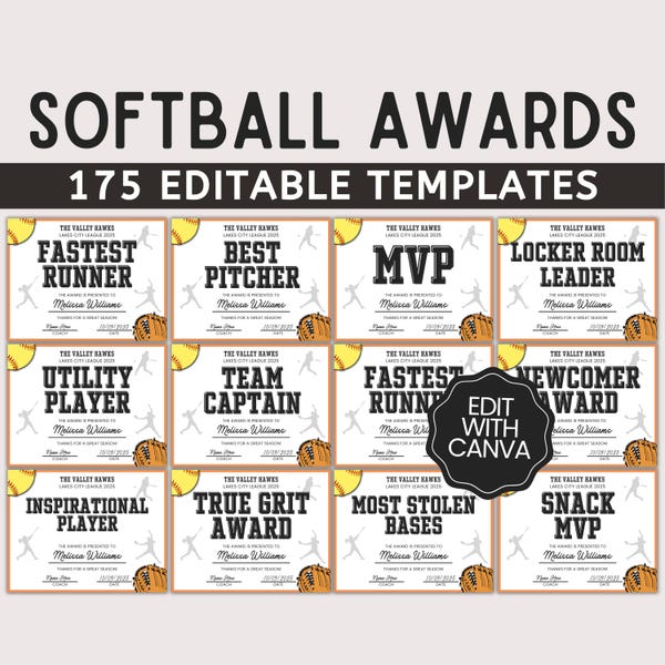 Softball Award Template - Etsy