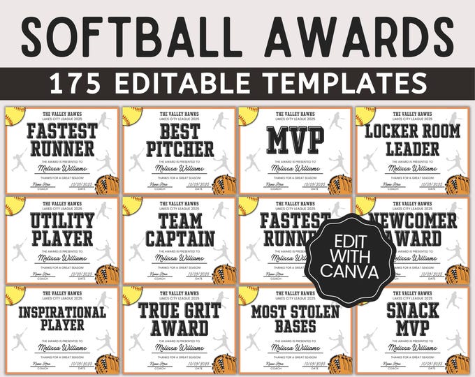 Softball Team Awards Printable, End of Season Softball Certificate for ...
