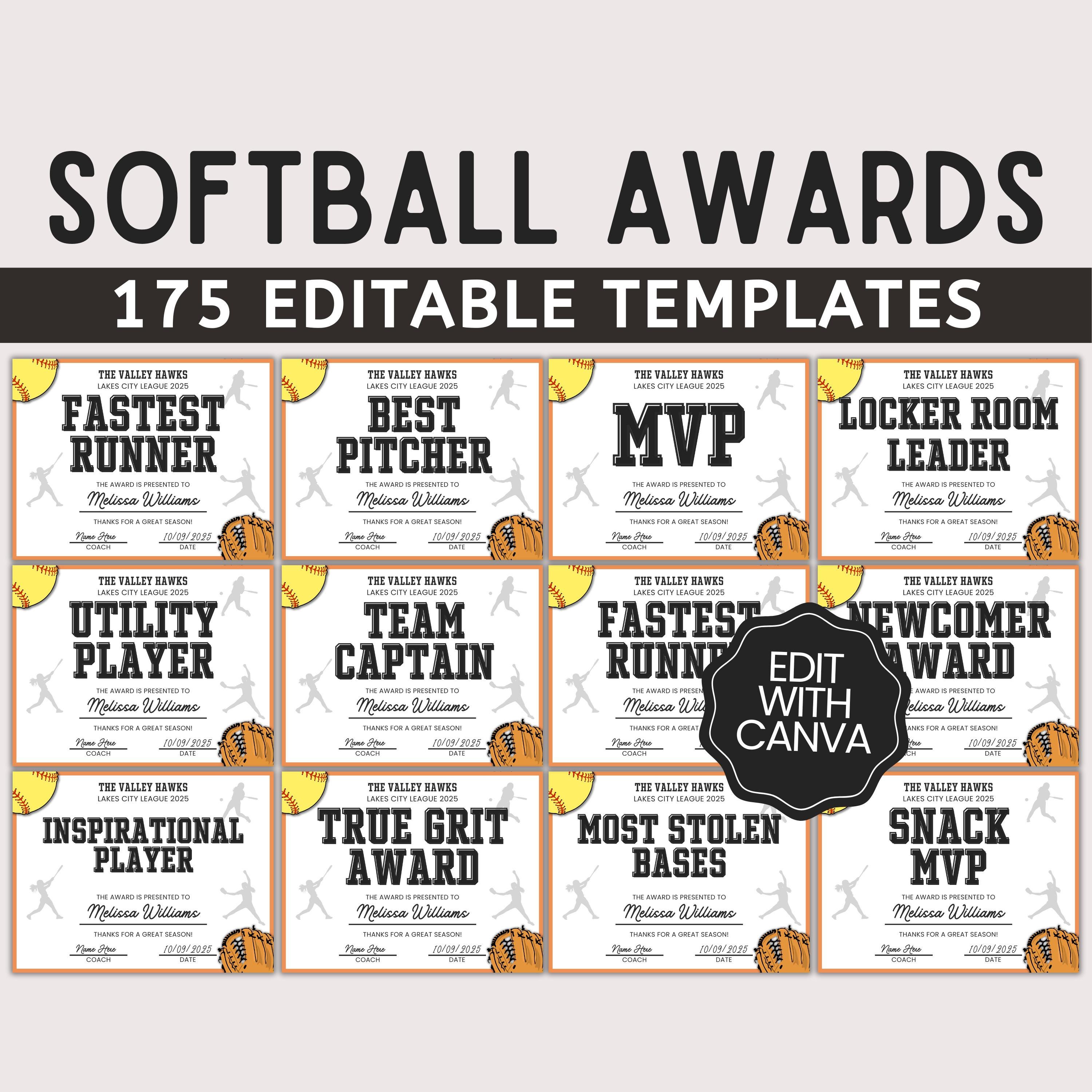 175 Editable Softball Award Certificates, Softball Team Awards, End of ...