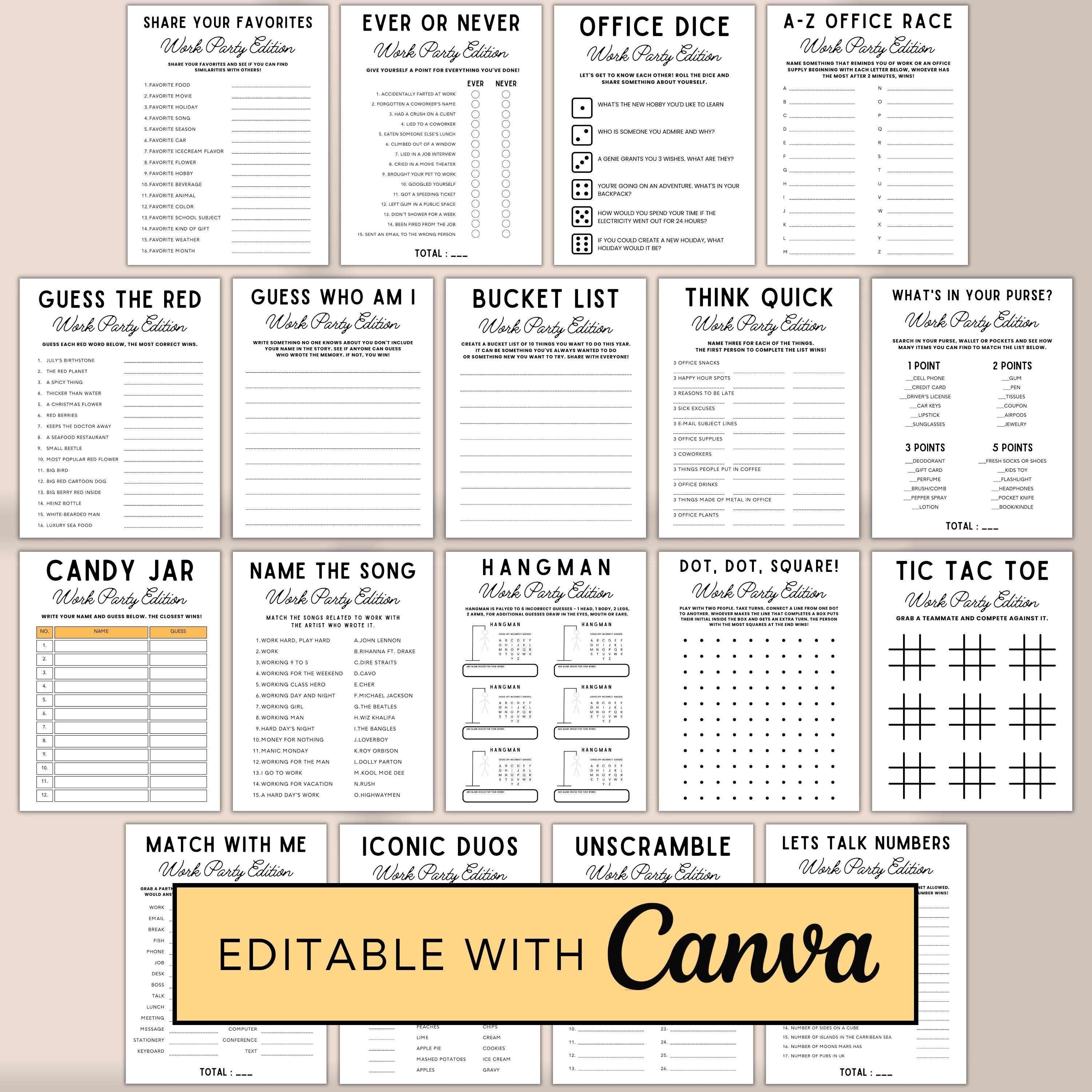 Editable Work Party Games Bundle: 34 Printable Team Activities (canva ...