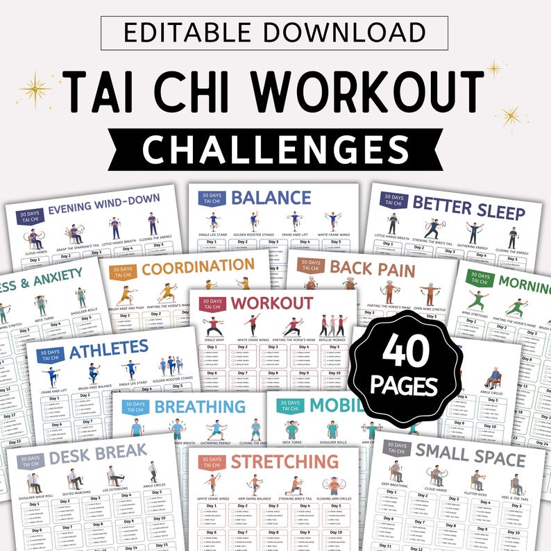 40 Tai Chi Workout Bundle Printable, 30 Day Fitness Planner PDF, Chair ...