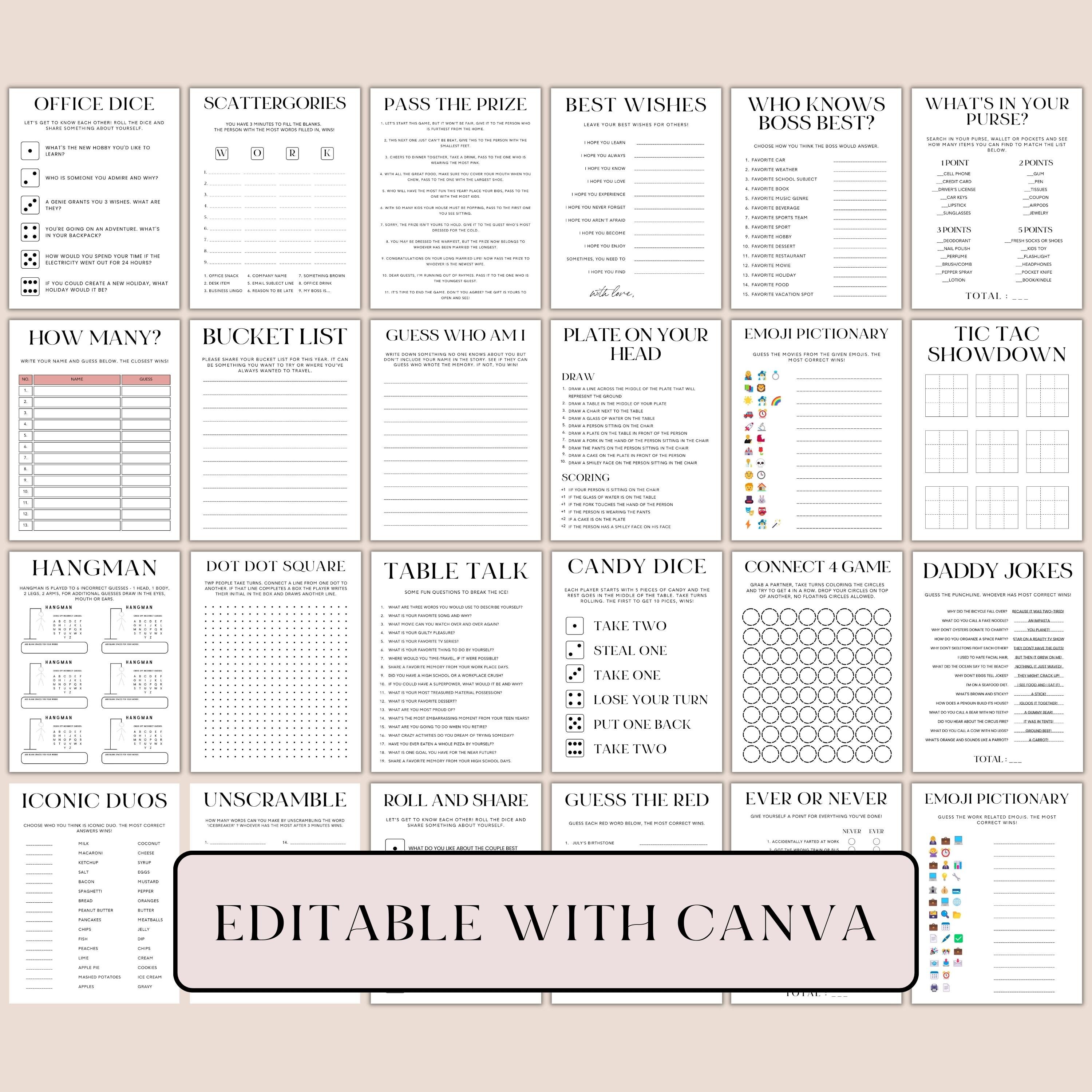 Editable Icebreaker Games Bundle: Work & Office Party (canva Template ...