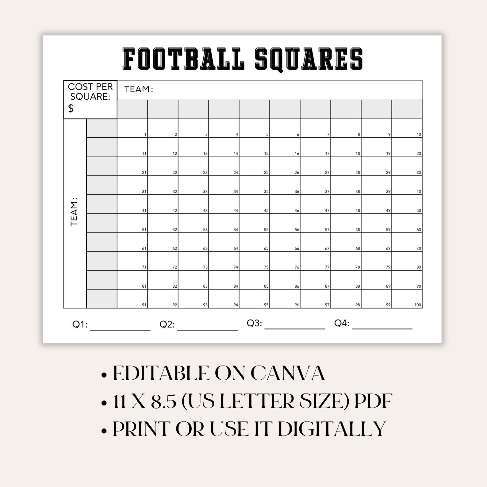 Editable Football Squares, 100 Square Football Grid, Football ...