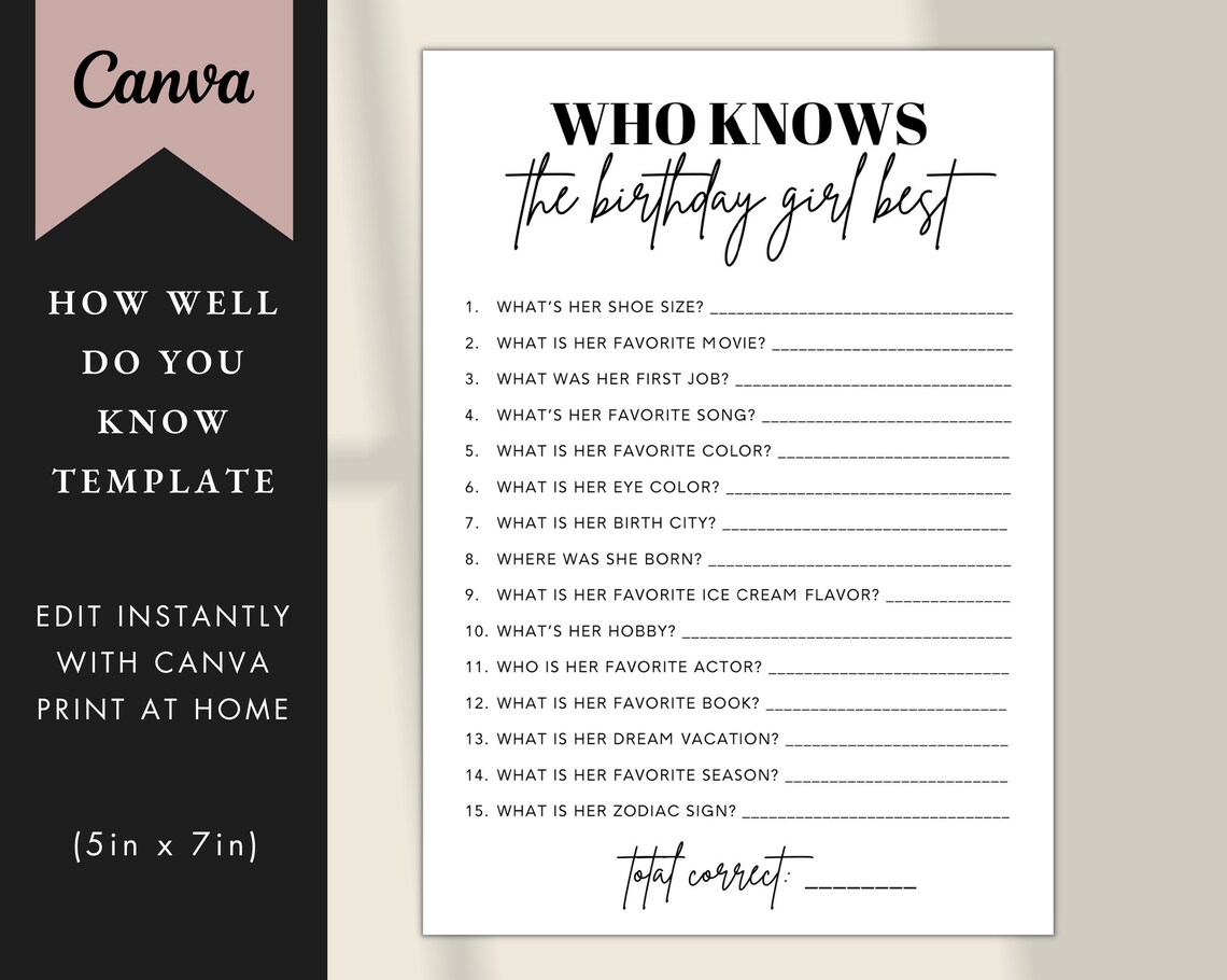 Birthday Girl Quiz: Fun Party Game, Canva Template (digital Download ...