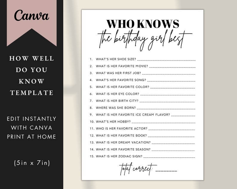 How Well Do You Know the Birthday Girl, Birthday Quiz, Canva Template ...