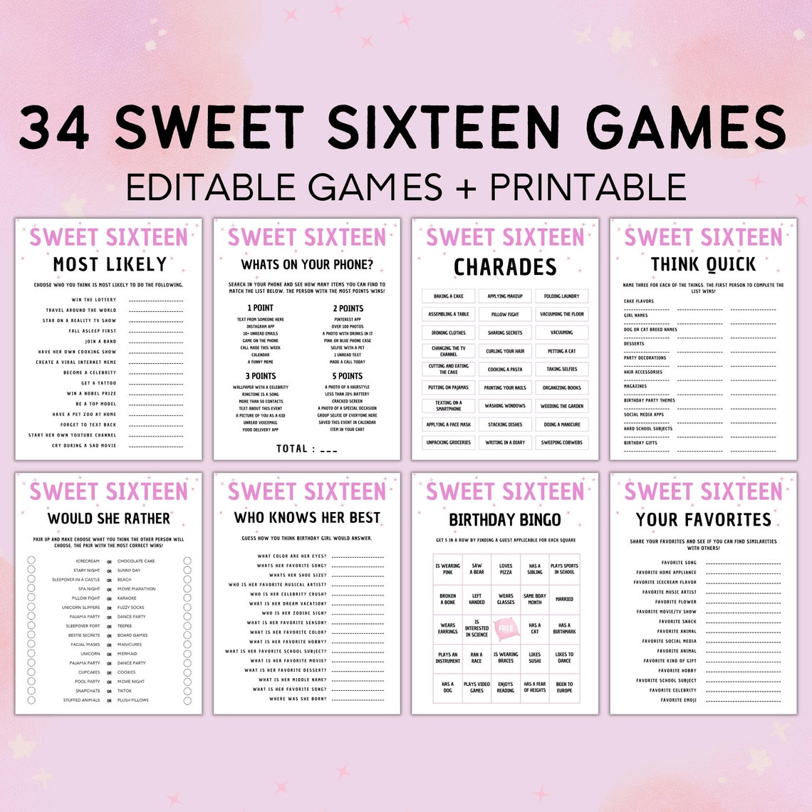 Editable Sweet Sixteen Birthday, 16th Birthday Games, 16th Birthday ...