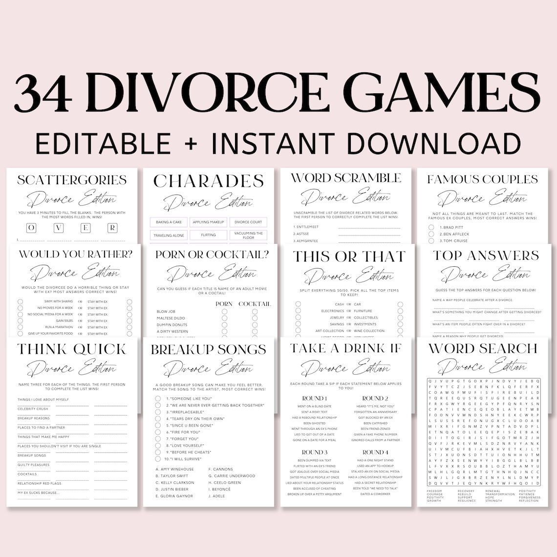 Editable Divorce Party Games Bundle, Couples Games, Breakup Party Games ...