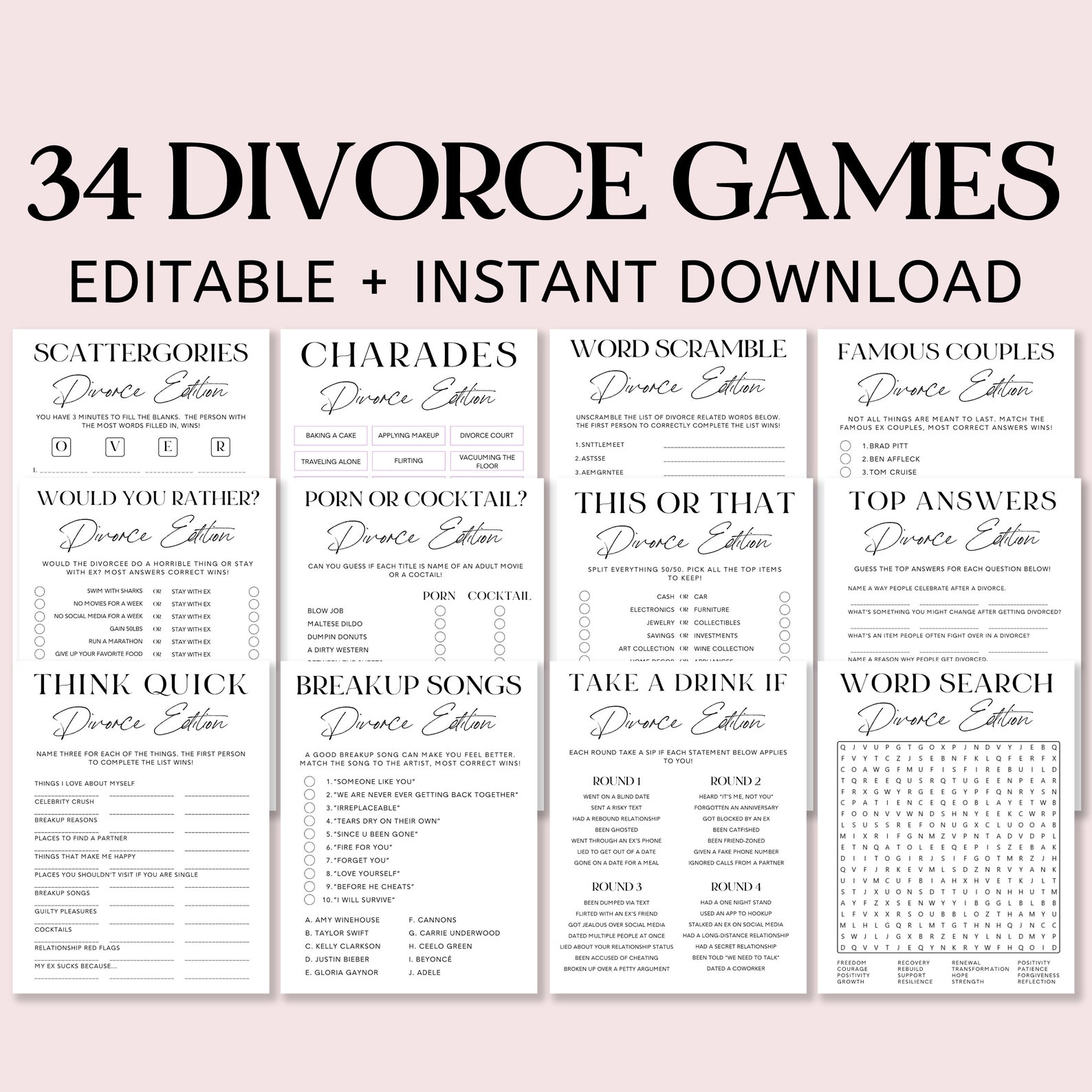 Editable Divorce Party Games Bundle, Couples Games, Breakup Party Games ...