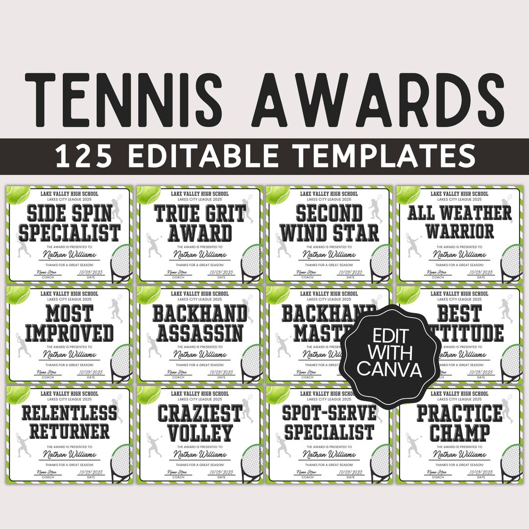 Editable Tennis Award Certificates: 125 Team Awards (canva Template) - Etsy