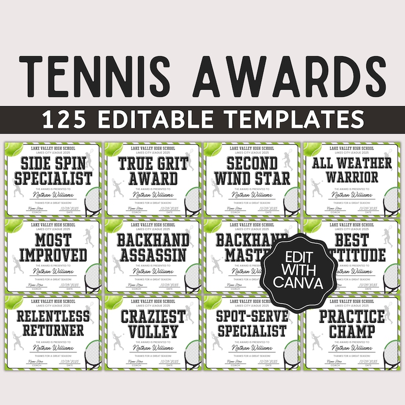 Editable Tennis Award Certificates: 125 Team Awards (canva Template) - Etsy