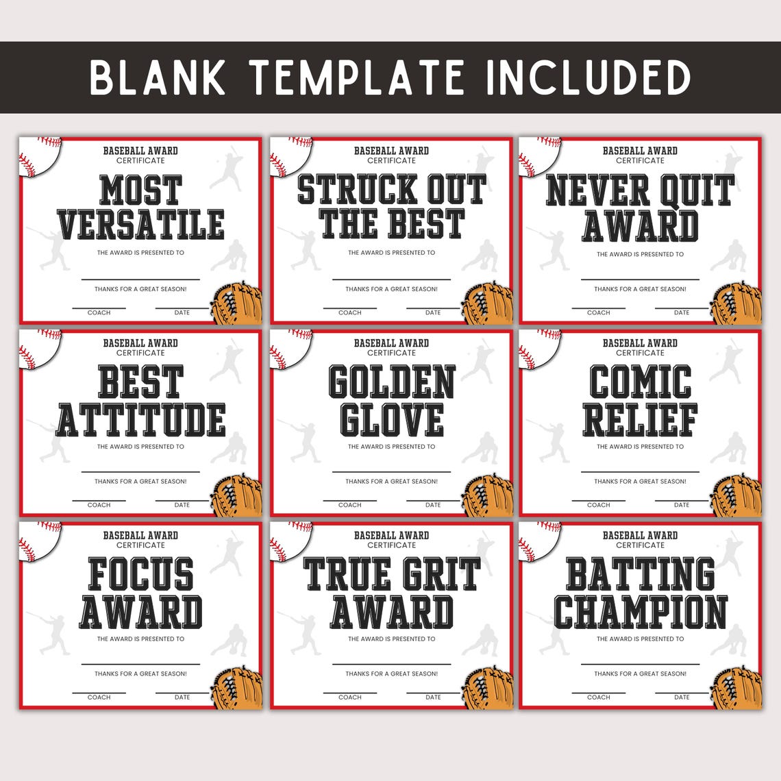 175 Editable Baseball Award Certificates, Baseball Team Awards, End of ...