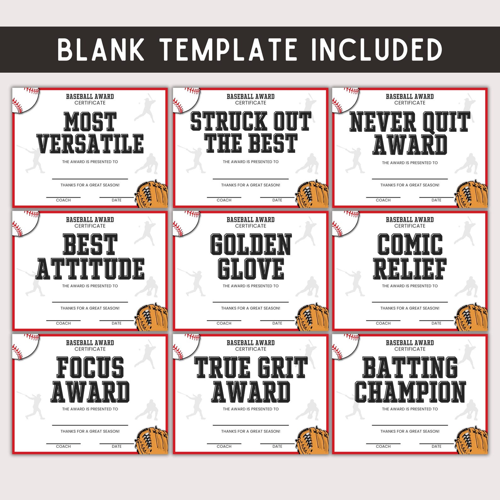 175 Editable Baseball Award Certificates, Baseball Team Awards, End of ...