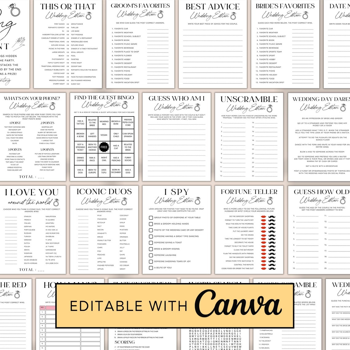 Editable Wedding Games Bundle, Wedding Table Activity, Wedding Games ...