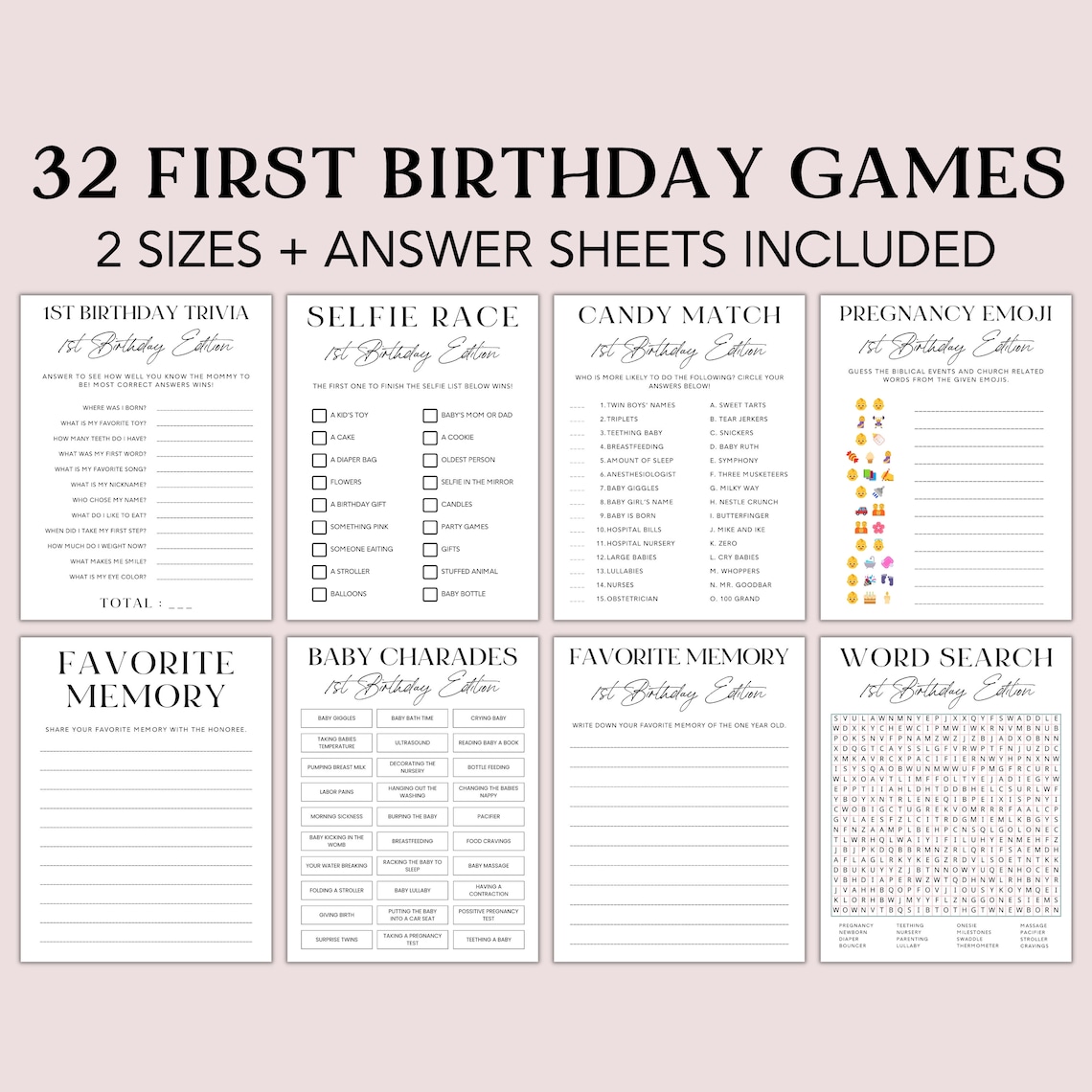 Editable First Birthday Games Bundle: 32 Party Games (canva) - Etsy