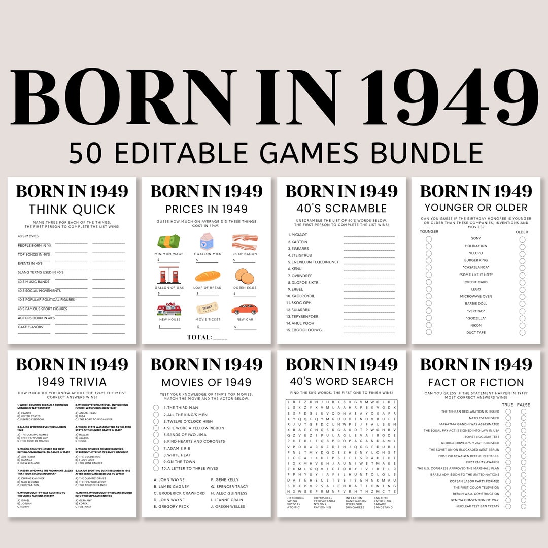 75th Birthday Party Games, Born in 1949 Games Bundle, Editable, 1949 ...