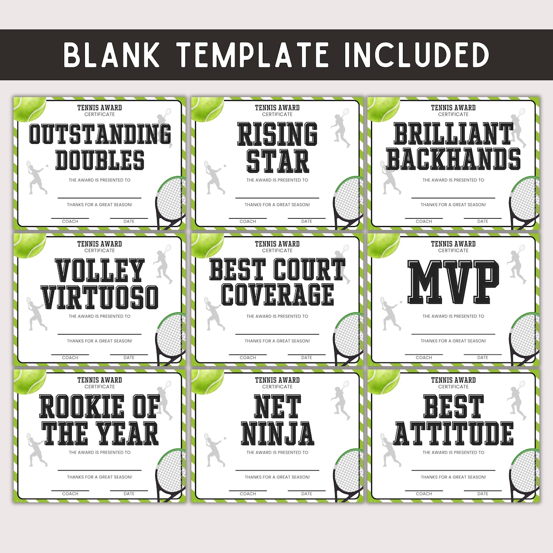 Editable Tennis Award Certificates: 125 Team Awards (canva Template) - Etsy