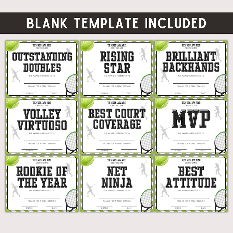 Editable Tennis Award Certificates: 125 Team Awards (canva Template) - Etsy