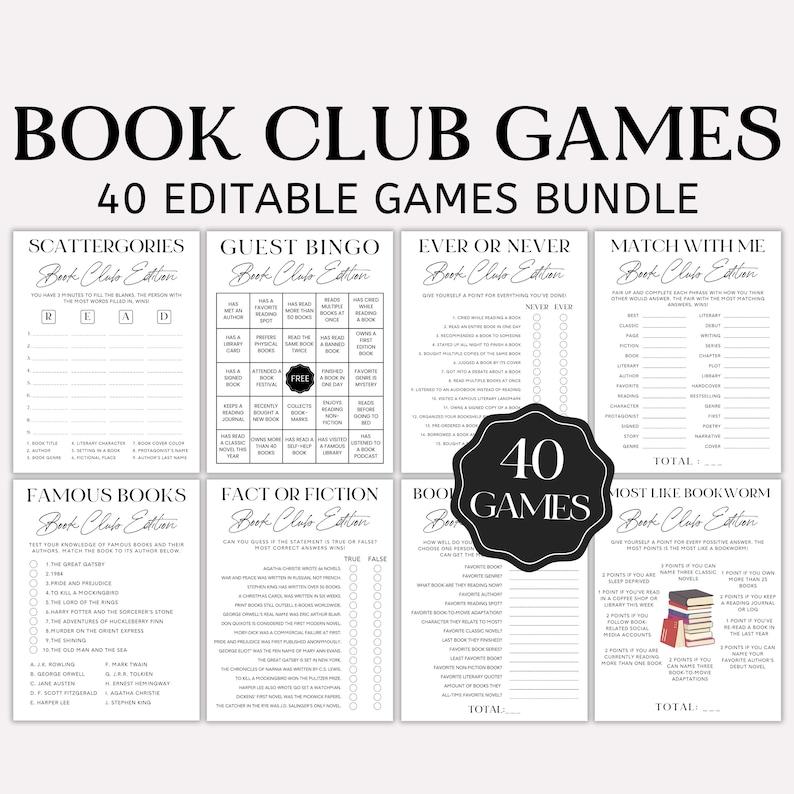 Book Club Games, Book Club Icebreakers, Book Club Activity, Printable ...