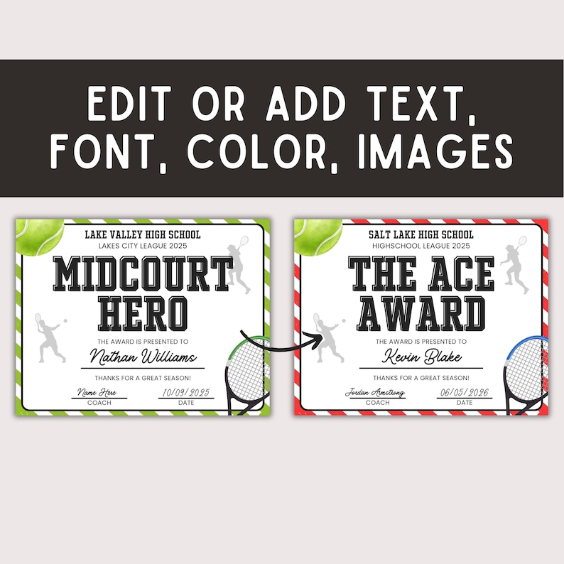 Editable Tennis Award Certificates: 125 Team Awards (canva Template) - Etsy