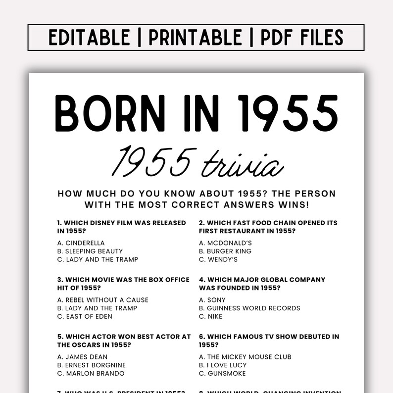 70th Birthday Party Games Bundle, Born in 1955, 1955 Birthday Games ...