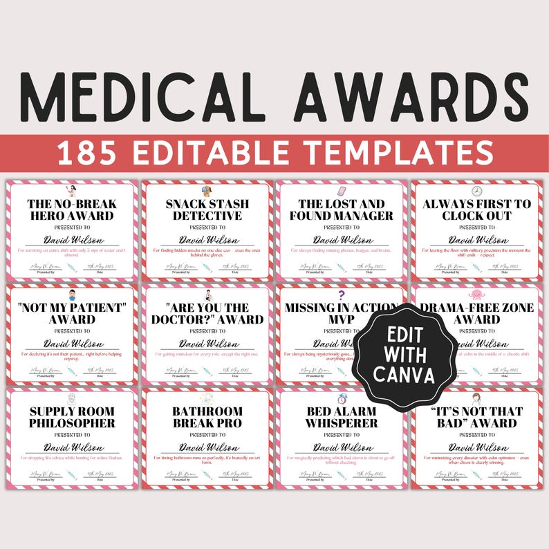 Funny Medical Award Certificates: 185 Editable Nurse Superlatives ...