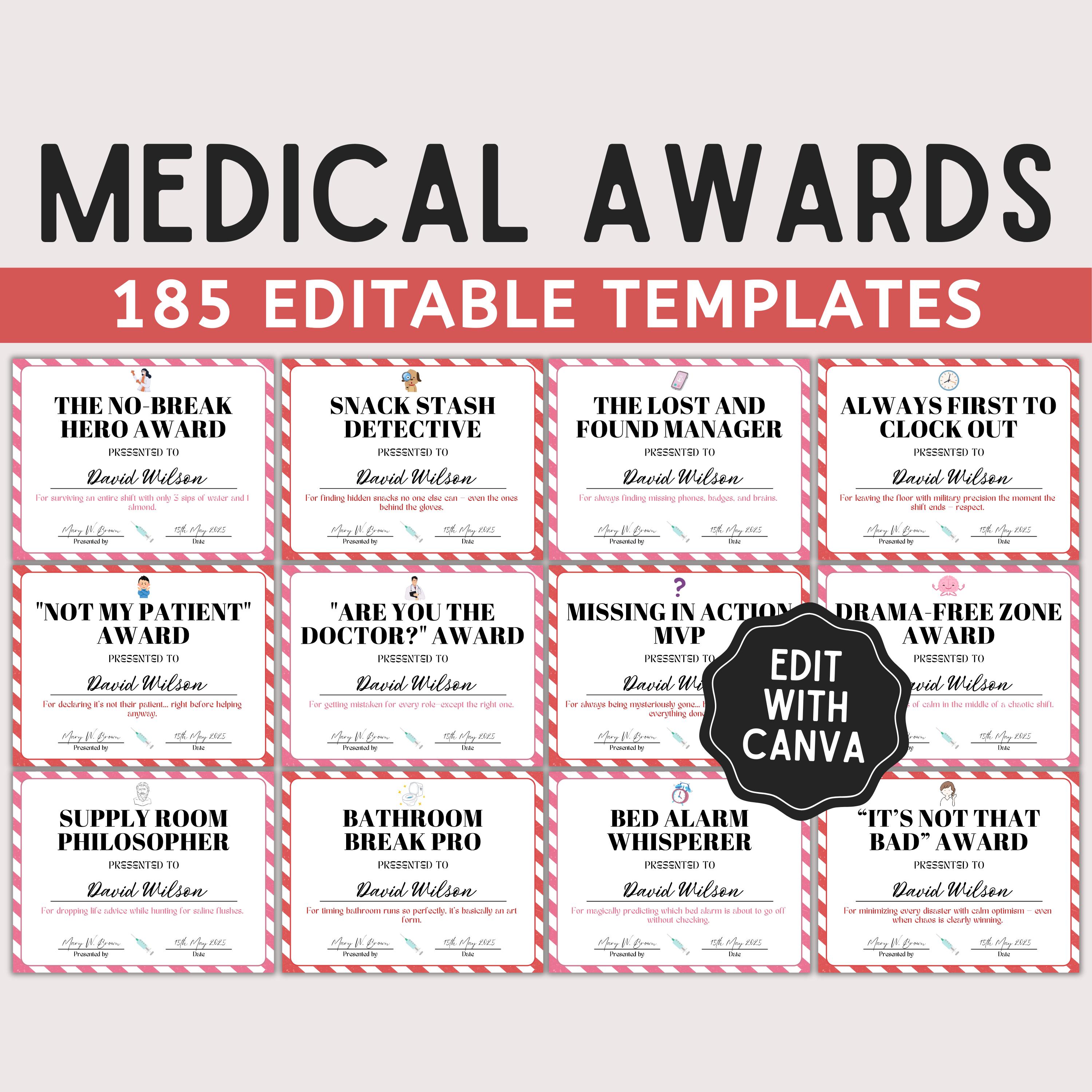 Funny Medical Award Certificates: 185 Editable Nurse Superlatives ...